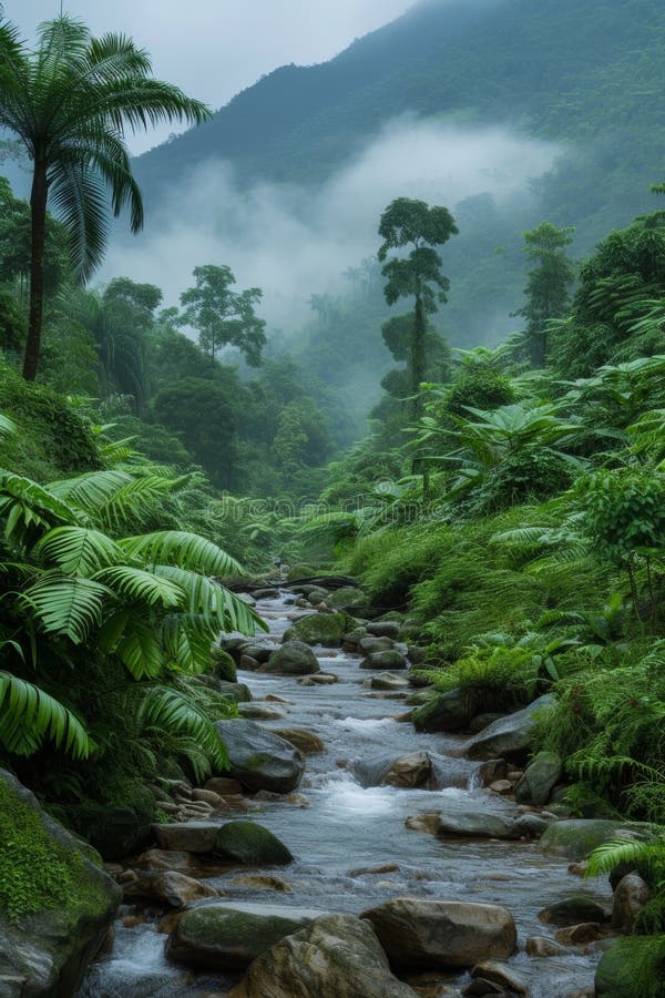 A Misty Morning in the Mountains, with a Tranquil Stream Meandering ...