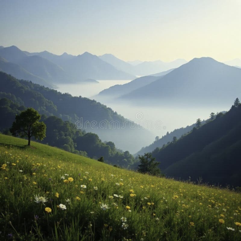 Misty Morning Over the Mountains with a Misty Meadow Below, Landscape ...