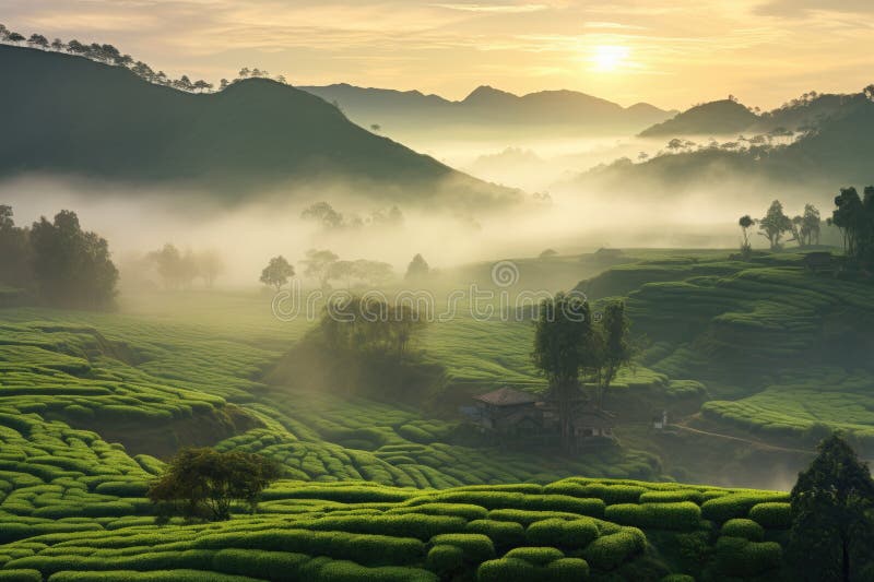 Misty Morning Over Tea Plantation Landscape Stock Illustration ...
