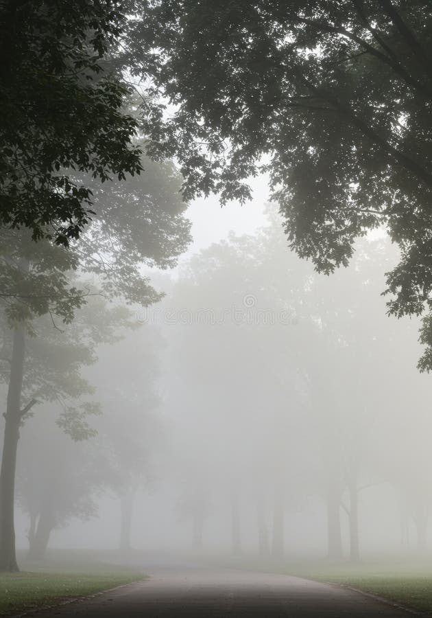 Misty Morning Path through a Green Park Stock Illustration ...