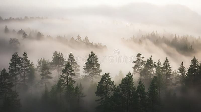 Misty Morning in a Pine Forest, Fog Rolling through the Hills Stock ...