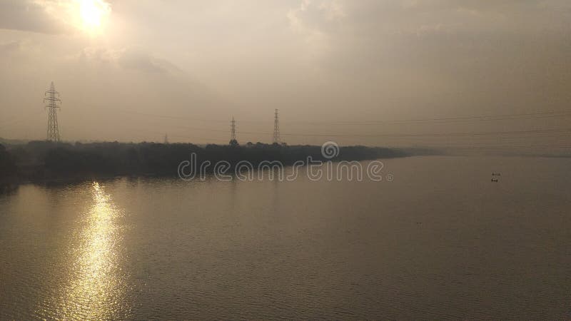 Morning River Fog Creeps Over the Water Beautiful View Blue Sky Clouds ...