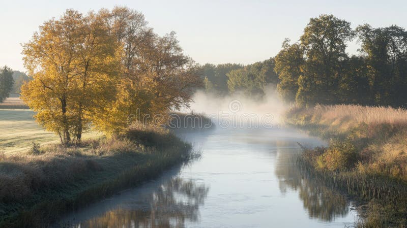Misty Morning River Scene with Autumn Foliage Stock Illustration ...