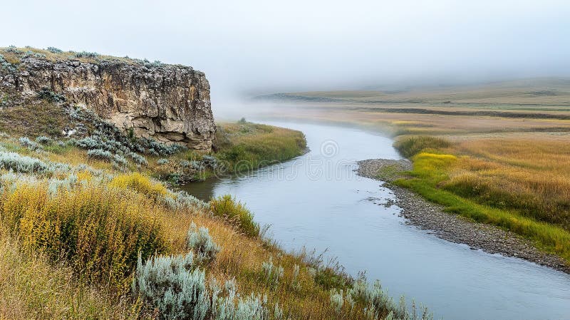 Misty Morning River Scene with Rock Cliff and Grasslands Stock Photo ...