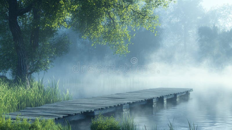 Misty Morning River Scene with Stone Dock Stock Illustration ...
