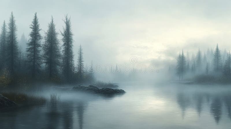Misty Morning River Scene with Tall Evergreen Trees Reflected in Still ...