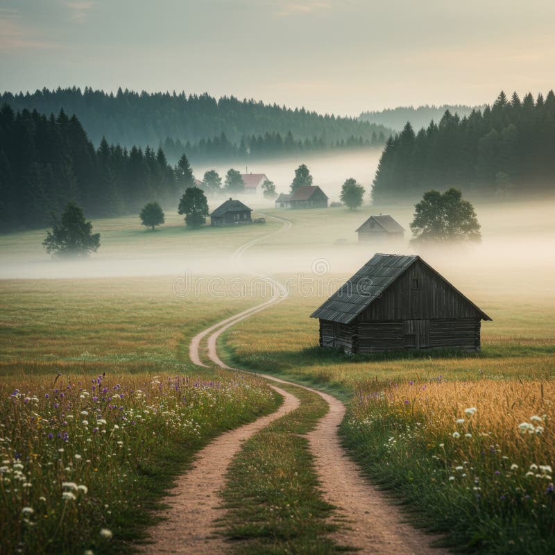 Misty Morning in a Rural Valley with Winding Path Stock Illustration ...