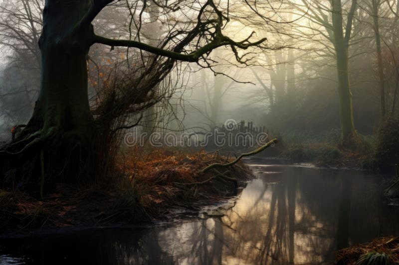 Misty Morning in a Serene Woodland Setting Stock Illustration ...