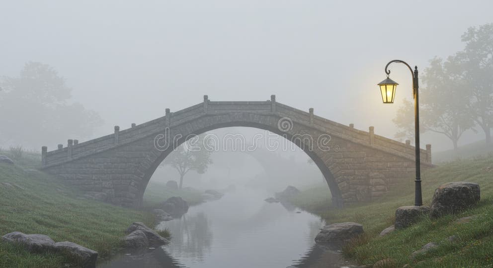 Misty Morning Stone Bridge and Lamp Post Stock Illustration ...
