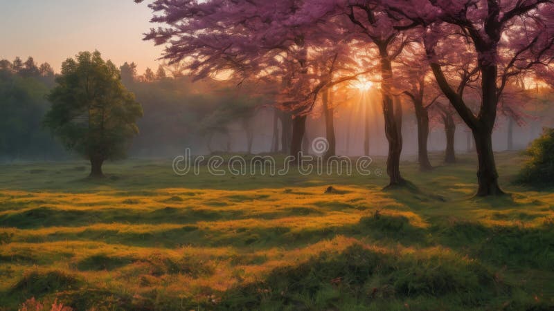 Misty Morning Sun Beams through a Grove of Trees Stock Illustration ...