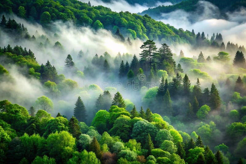 Misty Morning Sunlight Illuminates Lush Green Forest Hillside Stock ...