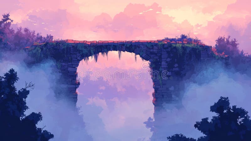 Misty Mountain Bridge at Sunset: Pink and Purple Digital Art Stock ...