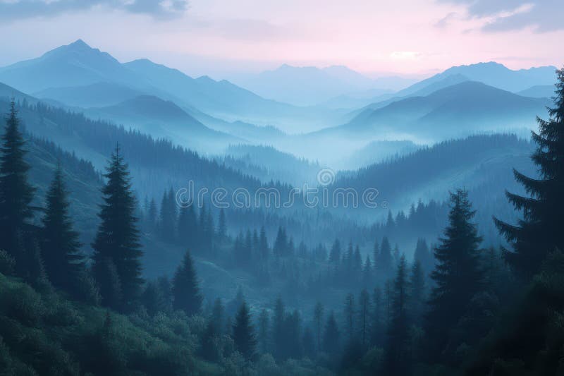 Misty Mountain Forest Blue Hues Tranquil Landscape Stock Illustration ...