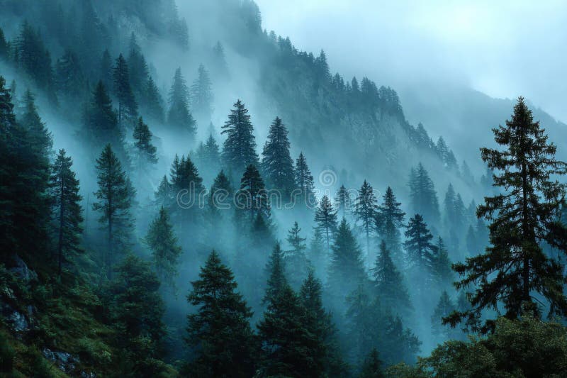 Misty Mountain Forest Landscape with Blue Fog Stock Illustration ...