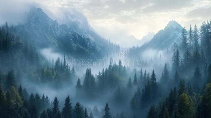 Misty Mountain Forest Landscape with Blue Hues Stock Illustration ...