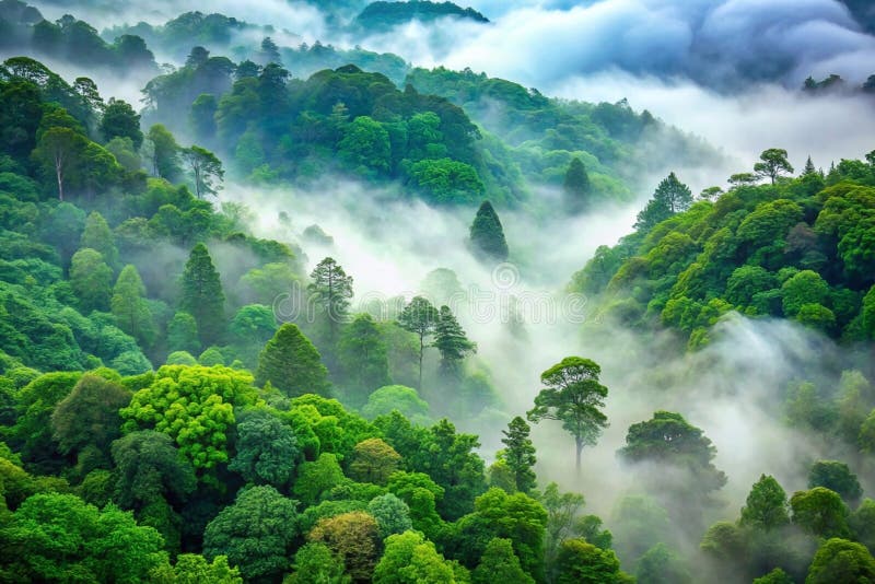 Misty Mountain Forest with Lush Green Trees and Rolling Hills Stock ...