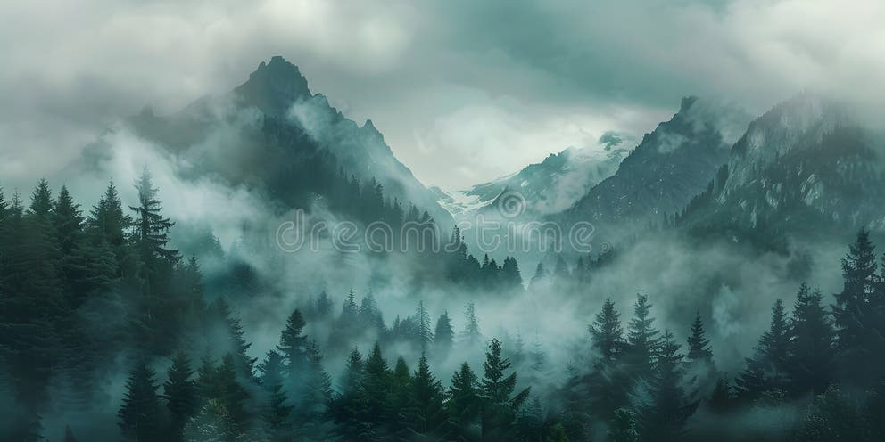Misty Mountain Forest at Night Stock Image - Image of evening, outdoor ...
