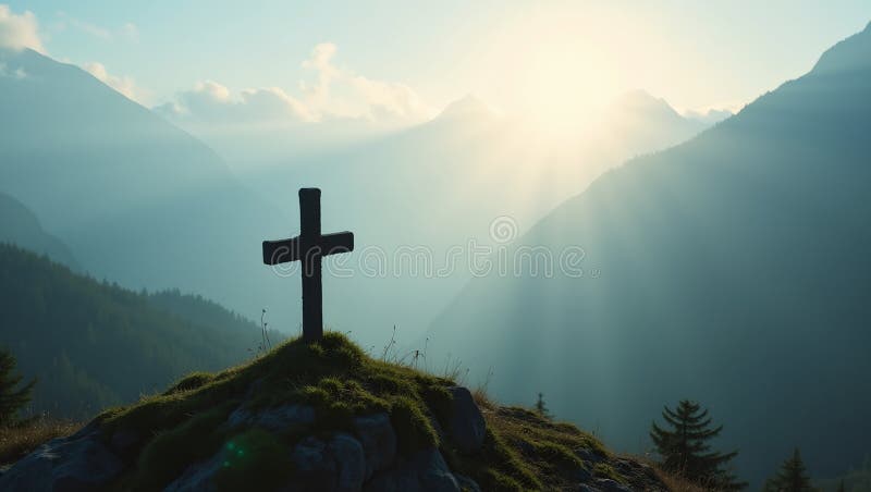 Misty Mountain Iron Cross with Moss Illuminated by a Sacred Beam of ...