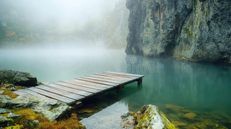 Misty Mountain Lake with Wooden Dock and Rugged Cliffside Reflections ...