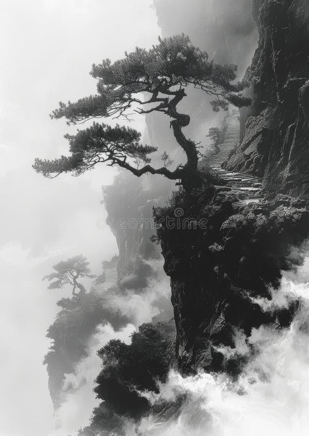 Misty Mountain Landscape with Ancient Pine Trees and Rocky Path in ...