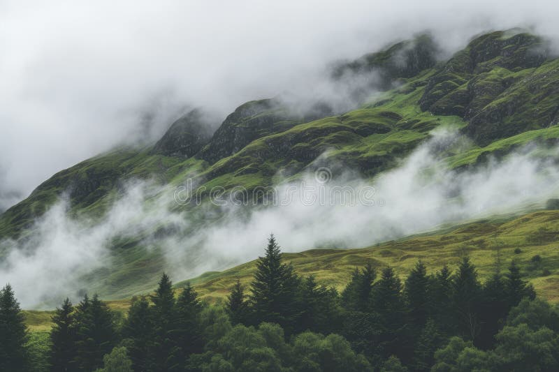 Misty Mountain Landscape with Lush Greenery Stock Illustration ...