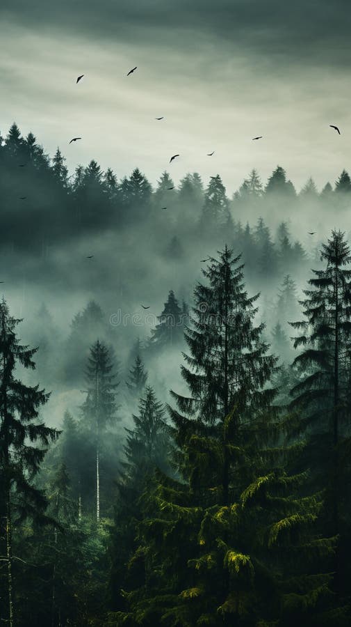 Misty Mountain Landscape with Pine Trees and Birds Flying in the Sky ...