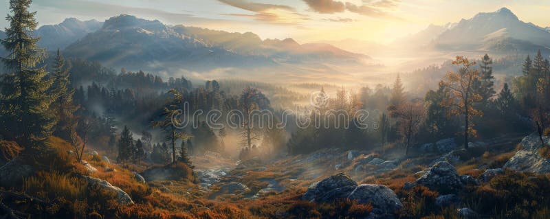Misty Mountain Landscape at Sunrise with Forest and Rocks Stock Photo ...