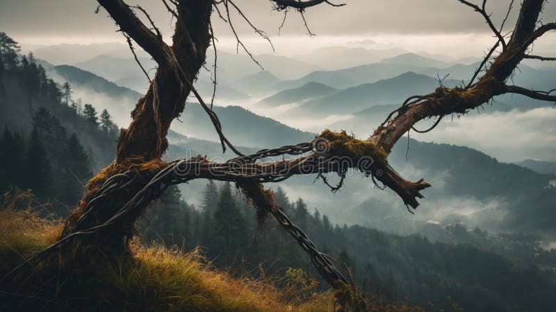 Ancient Twisted Tree Over Misty Mountain Range Stock Illustration ...