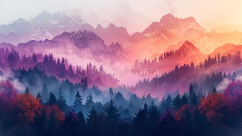 Misty Mountain Landscape with Vibrant Sunset Colors Stock Illustration ...