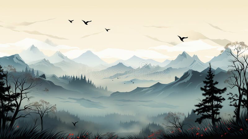 A Misty Mountain Landscape with a View of the Valley, a Misty Landscape ...