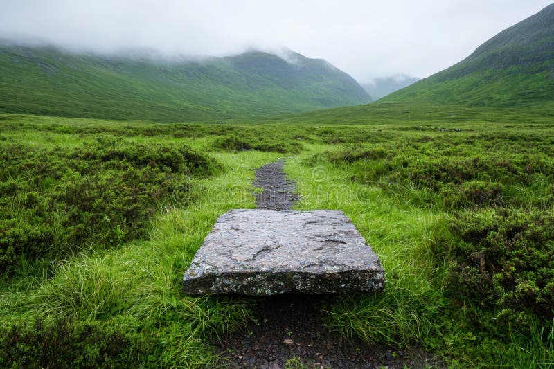 Misty Mountain Path through Lush Green Valley Stock Illustration ...