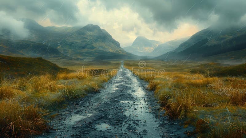 Misty Mountain Path on a Rainy Day - Generative Ai Stock Illustration ...