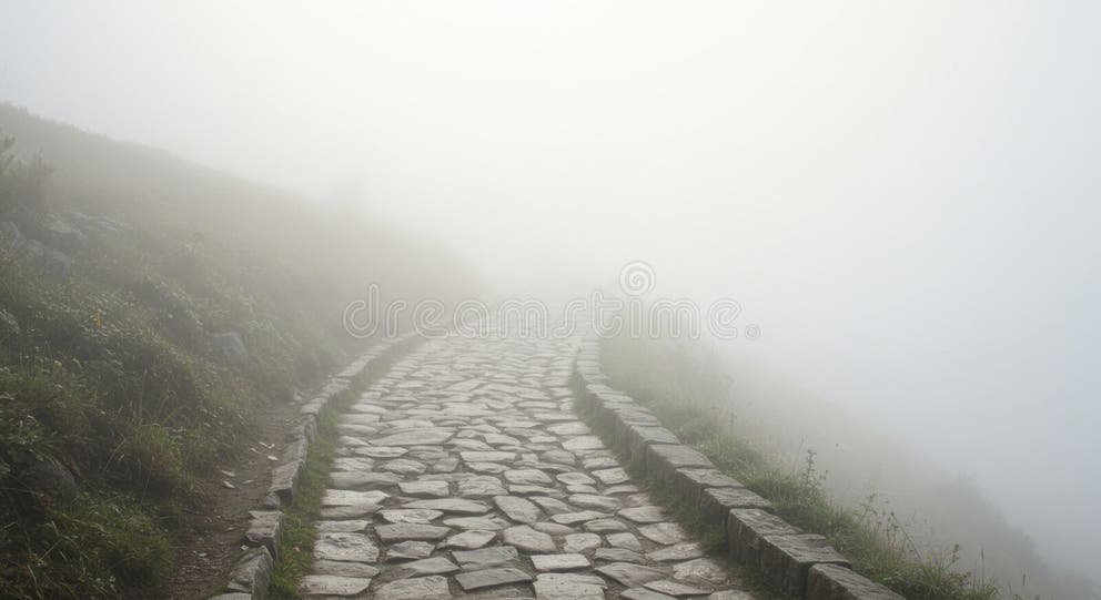 Misty Mountain Path Winding through Fog Stock Illustration ...