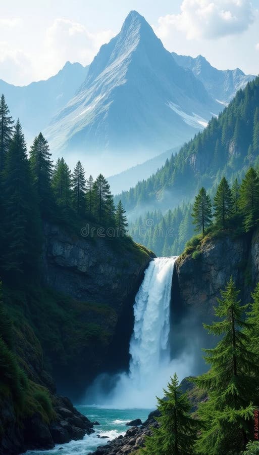 Misty Mountain Range, Cascading Waterfall, Lush Forest, Untamed, Trees ...