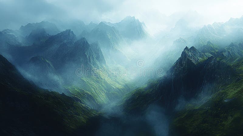 Misty Mountain Range with Green Valleys and Peaks Shrouded in Fog Stock ...