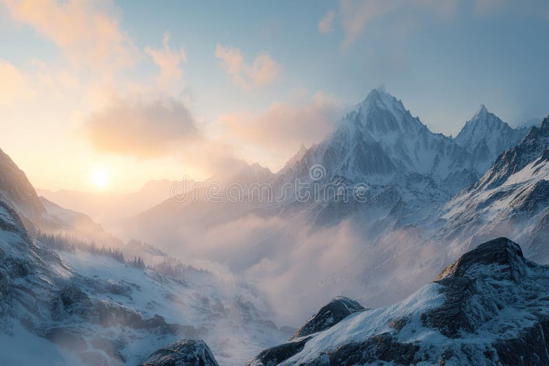 Misty Mountain Range at Sunrise, Soft Natural Light, Cool Tones, Ultra ...