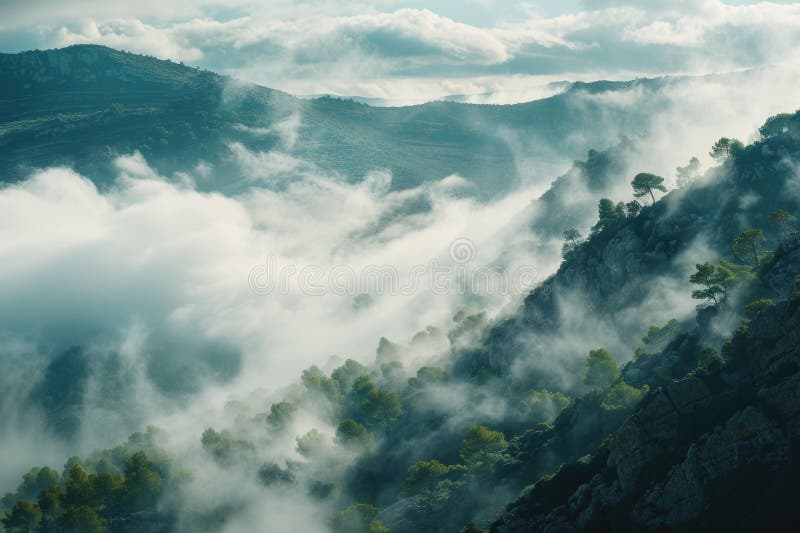 A Misty Mountain Range with Trees and Clouds Stock Image - Image of ...