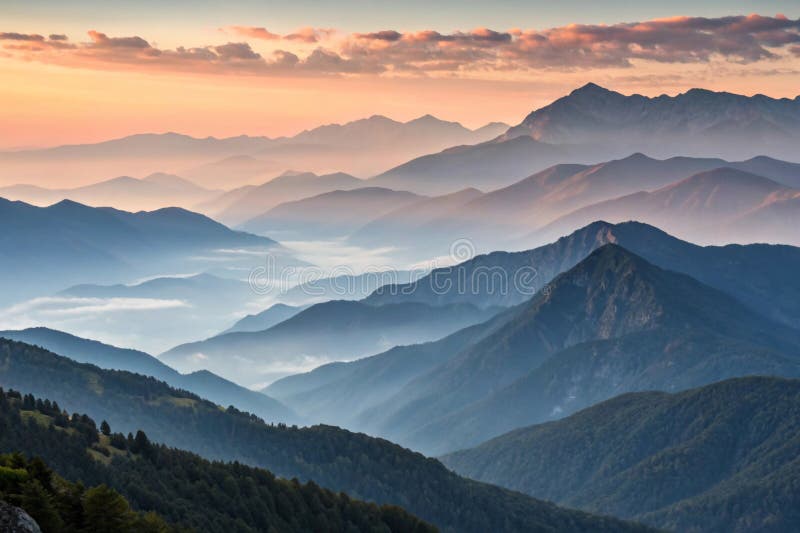 Misty Mountain Ridge at Sunrise Stock Illustration - Illustration of ...