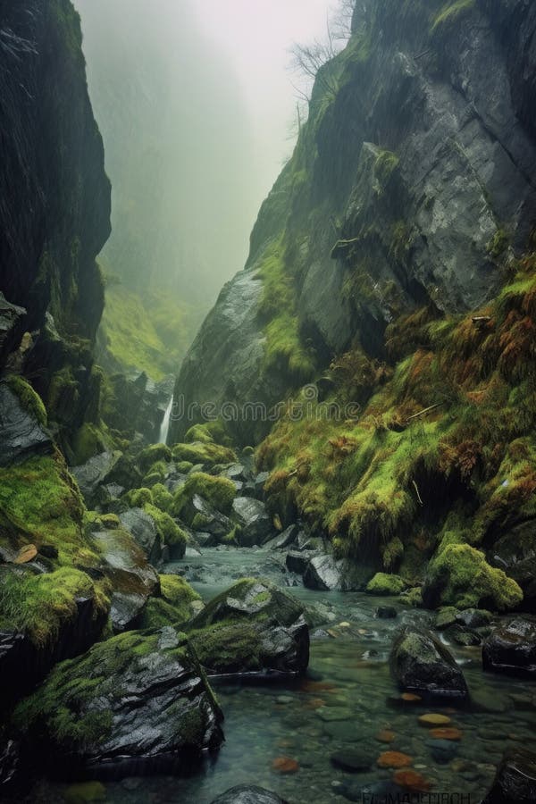 Misty Mountain Stream Surrounded by Mossy Rocks Stock Illustration ...