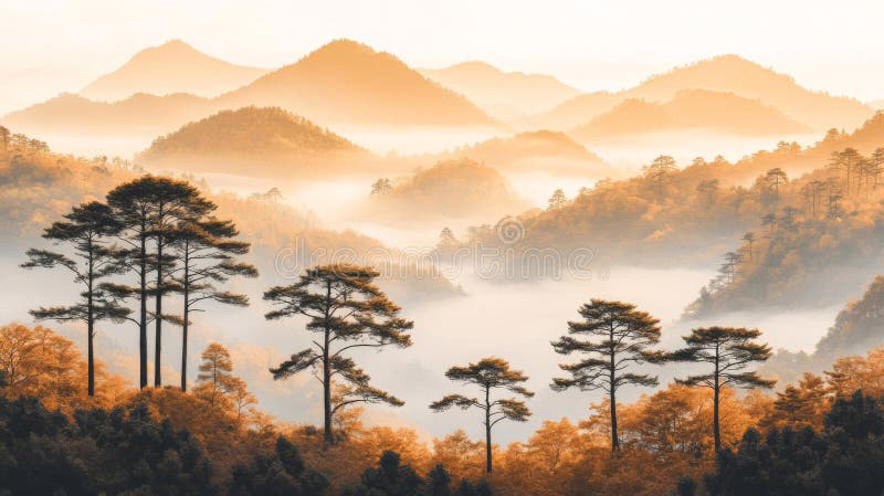 Misty Mountain Sunrise Landscape with Pine Trees Stock Illustration ...
