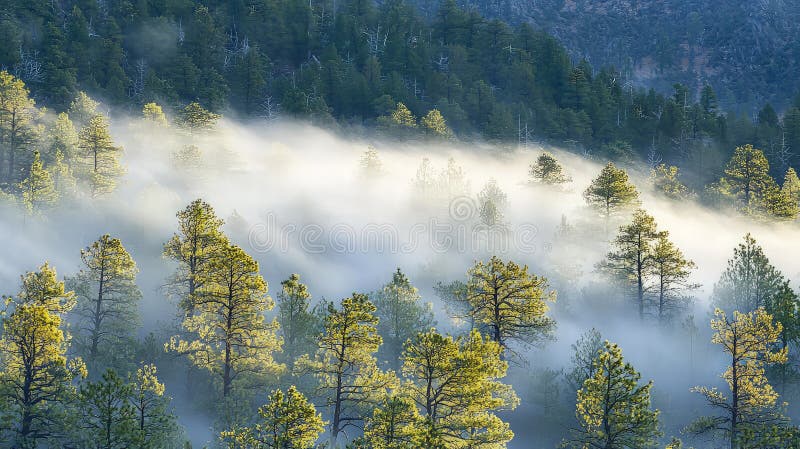 Misty Mountain Sunrise, Pine Forest, Sunlight through Fog Stock Image ...
