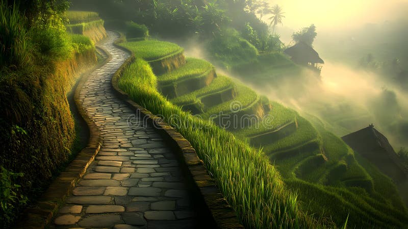 Misty Mountain Terraced Rice Fields Path Stock Illustration ...