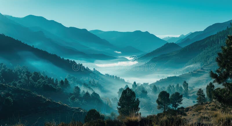 A Misty Mountain Valley Bathed in Soft Morning Light Stock Image ...