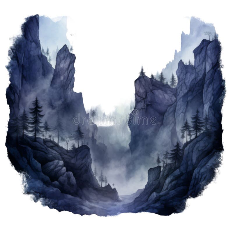 A Misty Mountain Valley with Jagged Cliffs and Silhouetted Trees Stock ...