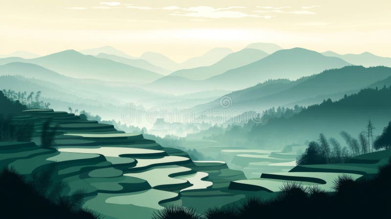 Misty Mountain Valley with Rice Terraces Pixel Art Landscape Stock ...