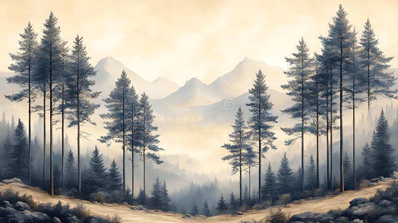 Misty Mountain Valley Sunrise, Pine Trees, Path, Digital Art, Landscape ...