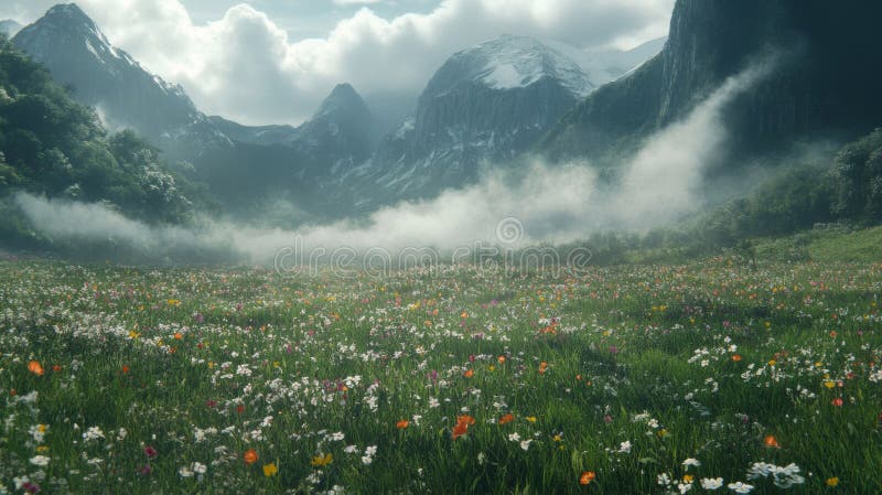 Misty Mountain Valley Wildflower Meadow Scene Stock Illustration - Illustration of petals ...