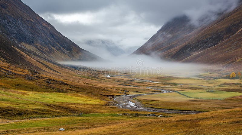 Misty Mountain Valley with a Winding River Stock Image - Image of ...