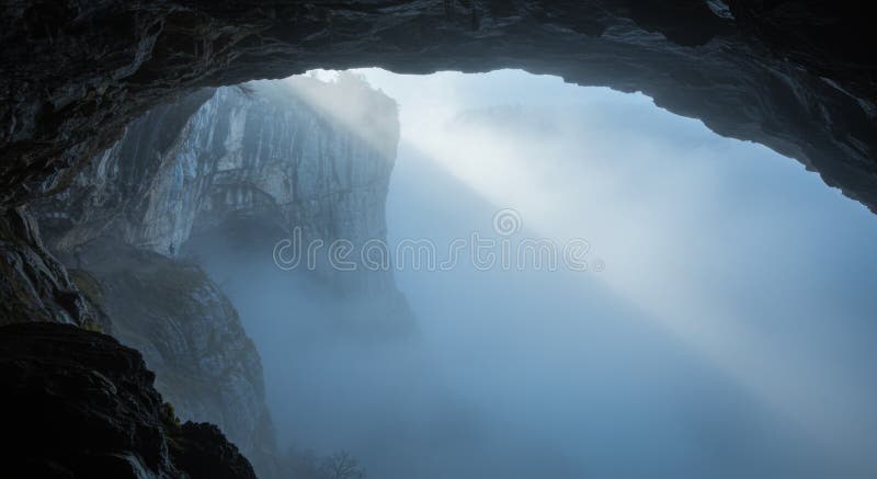 Misty Mountain View from Cave Opening Stock Illustration - Illustration ...
