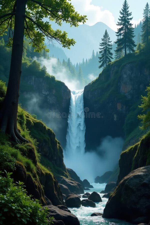 Misty Mountain Waterfall Hidden Amidst Ancient Trees, Hidden, Green ...